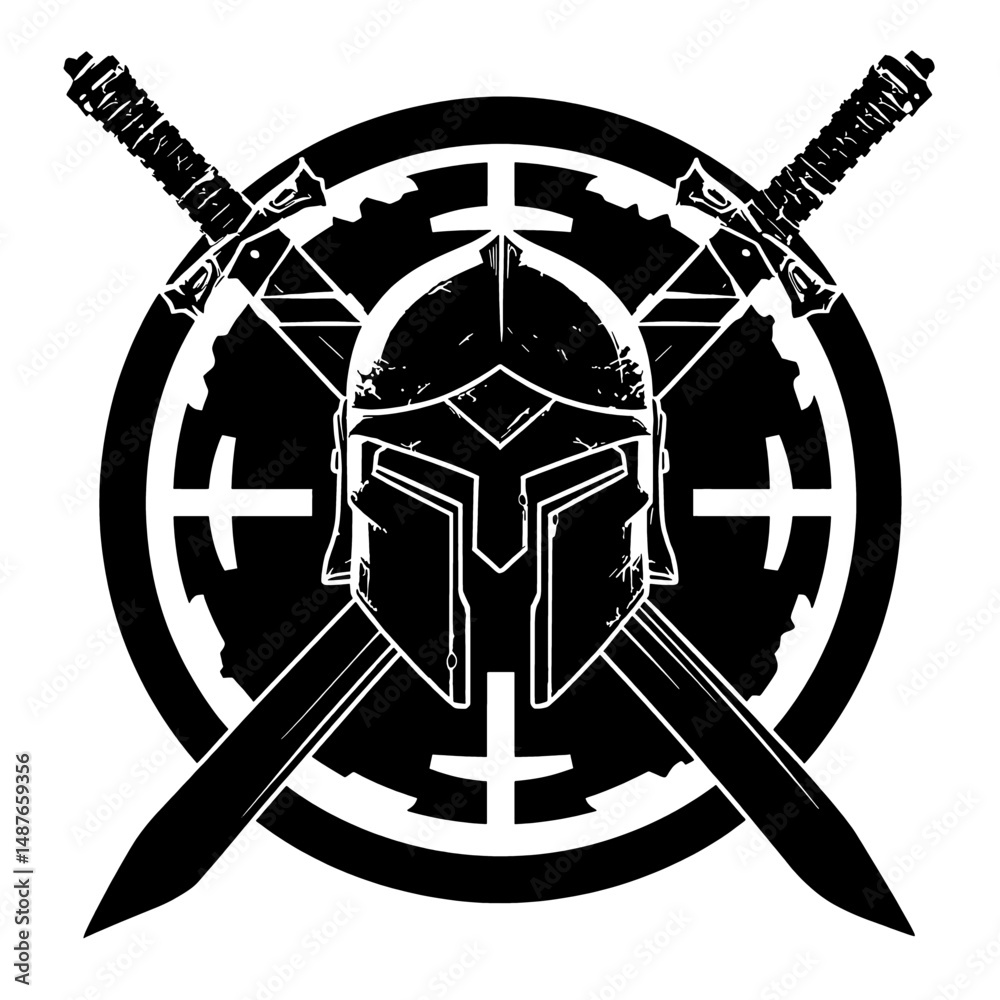 Weathered Spartan warrior helm fronting crossed broadswords set inside ...