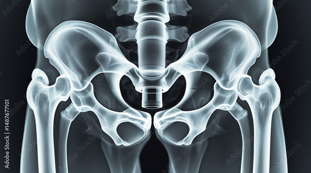 Hip Replacement X-ray - Black-and-white X-ray of a pelvis with a total ...