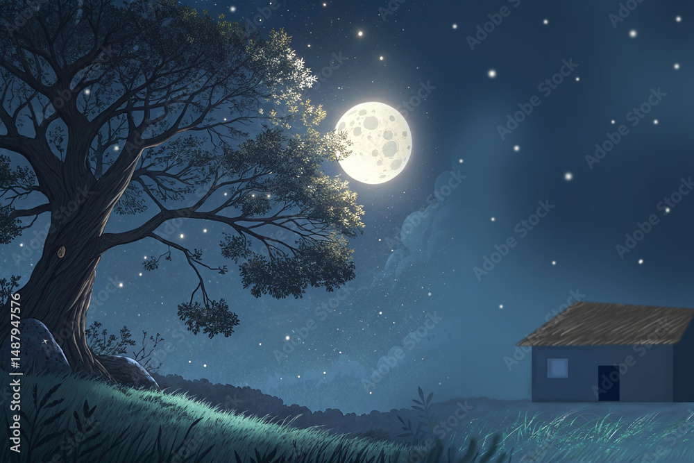 Moonlit Night in the Countryside,This is a serene, digitally ...