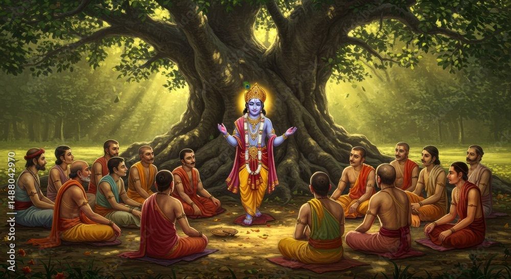 Enlightenment Under Ancient Tree: Krishna Reveals Divinity to Forest ...