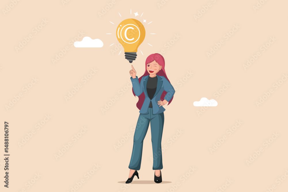 Woman with Copyrighted Idea Businesswoman Pointing to a Lightbulb with ...