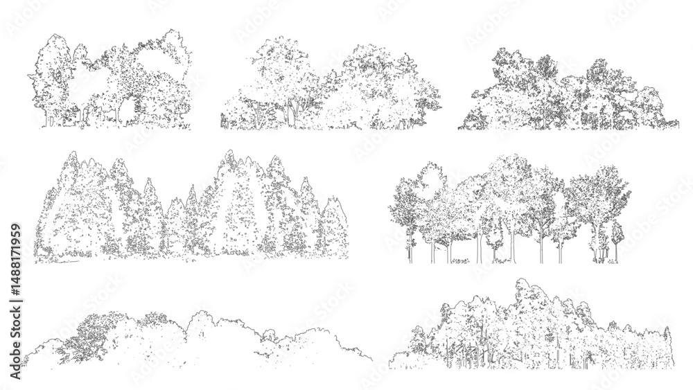 set of forest line cad, minimal isolated on white background. Ground ...