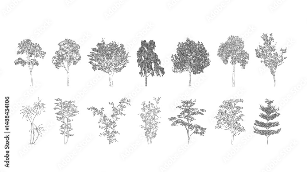 Minimal style cad tree line drawing, Side view, set of graphics trees elements outline symbol ...