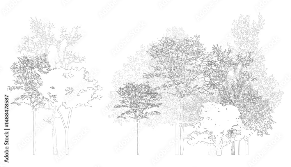 Architectural Drawings, Minimal style cad tree line drawing, Side view, set of section wetland ...