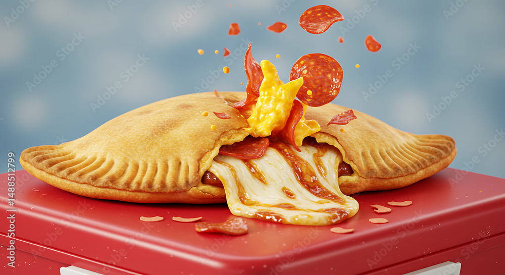 Pizza Pocket Explosion Bursting with Melty Cheese and Flying Pepperoni ...
