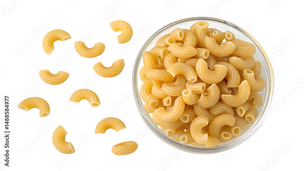 Curved macaroni pieces surround a glass bowl filled with uncooked pasta ...