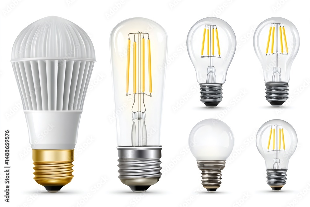 Realistic led light bulbs showing different shapes and filament designs ...