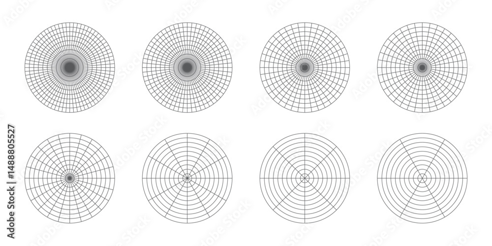 Polar coordinate grids divided into 6, 8, 12, 24, 36, 40, 60, 72 ...