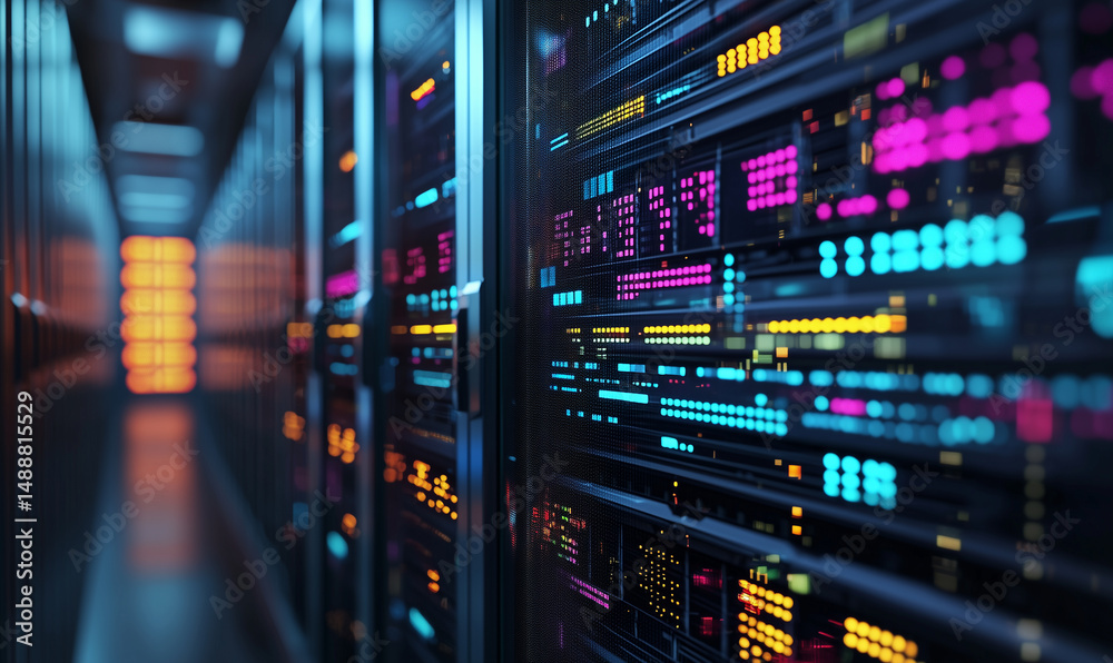 Data processing in server rooms global data center digital infrastructure technology close-up ...