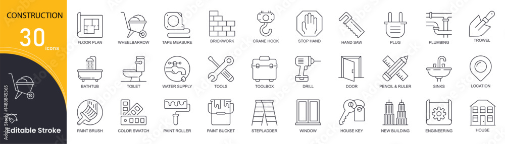 Construction concept simple line icons set. Pack outline pictograms of ...