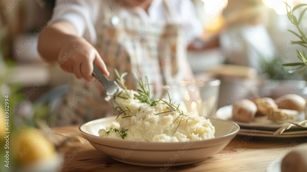 Children assist in serving creamy mashed potatoes at a family gathering ...