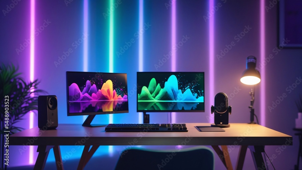 Gaming and streaming setup with dual monitors, a microphone, and neon ...