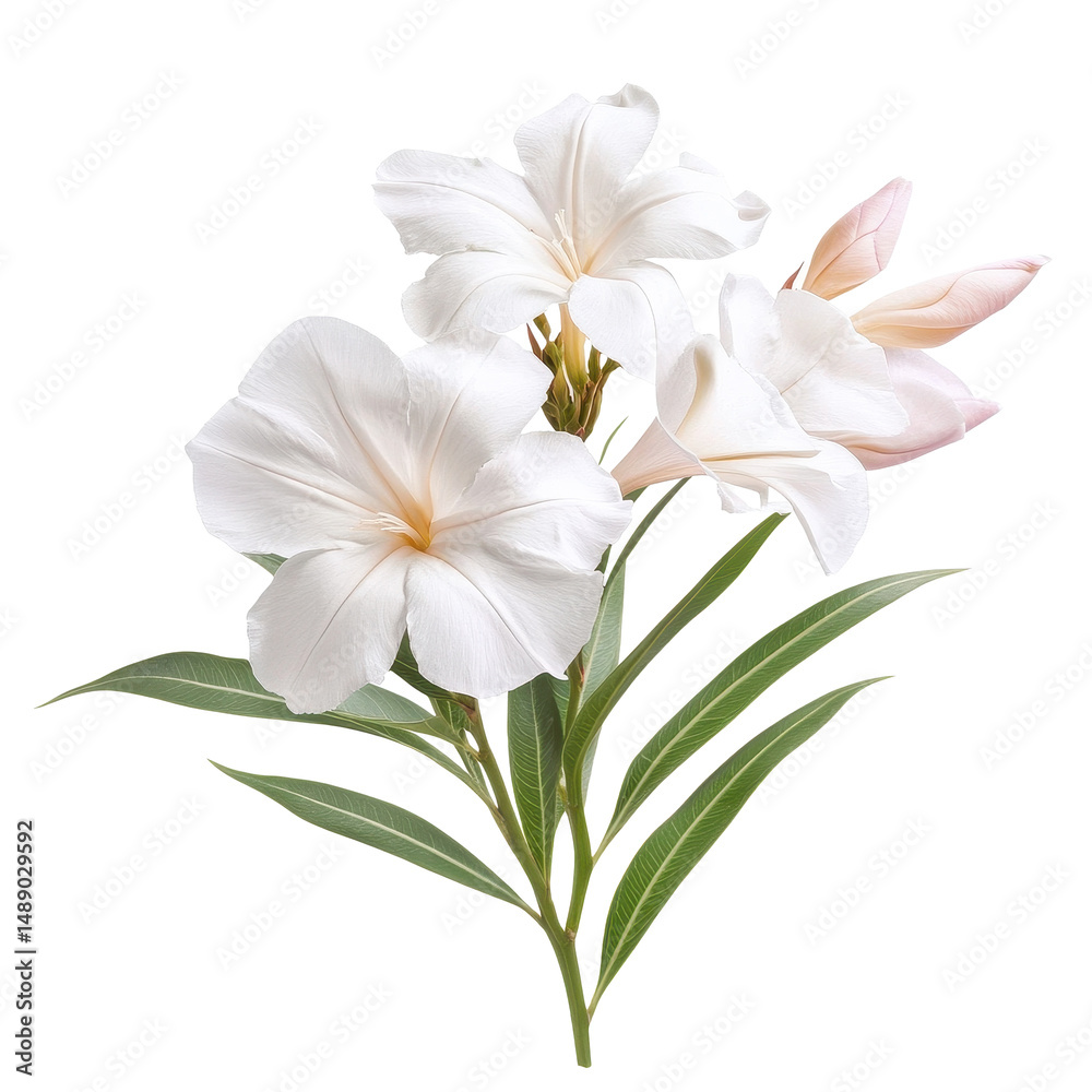 Isolated Nerium oleander flower with delicate petals and green leaves ...