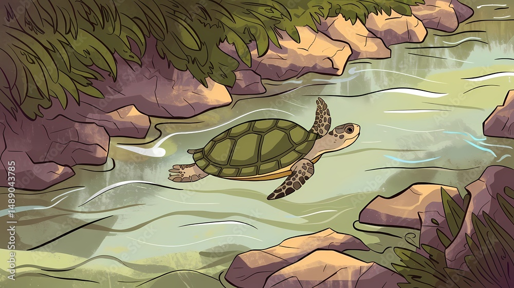 Sea turtle swimming in a calm stream. The turtle is green and brown ...