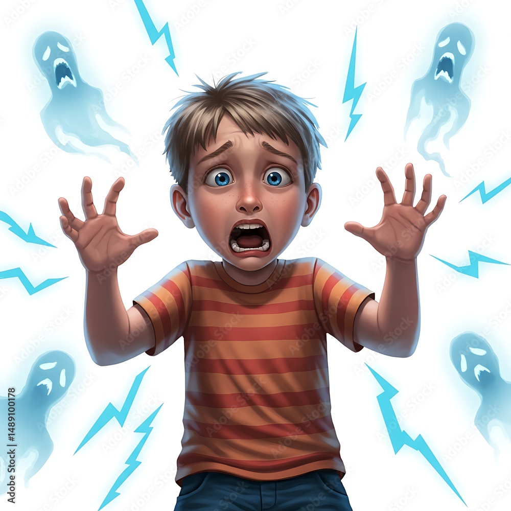 Fearful Encounter: A digitally illustrated portrayal of a young boy ...