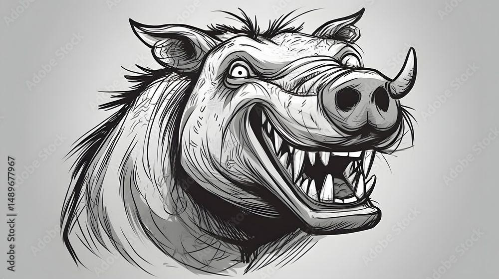 Illustration Stock 77. Cartoon boar with tusks and a cheerful face ...