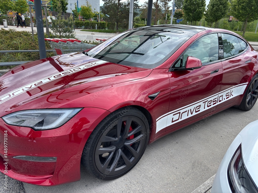 Bratislava, Slovakia - May 16, 2025: Isolated no people Tesla model 3 ...