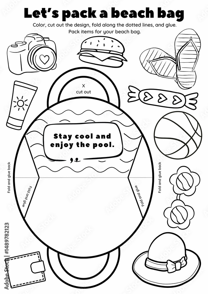 Ilustrace Beach Bag Craft for Kids | Summer Coloring Craft Template ...