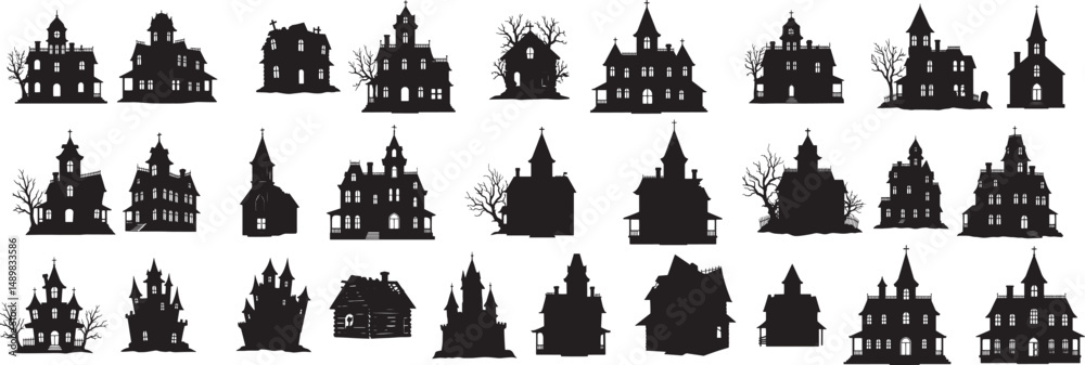 Halloween haunted houses silhouette vector set spooky mansion creepy ...