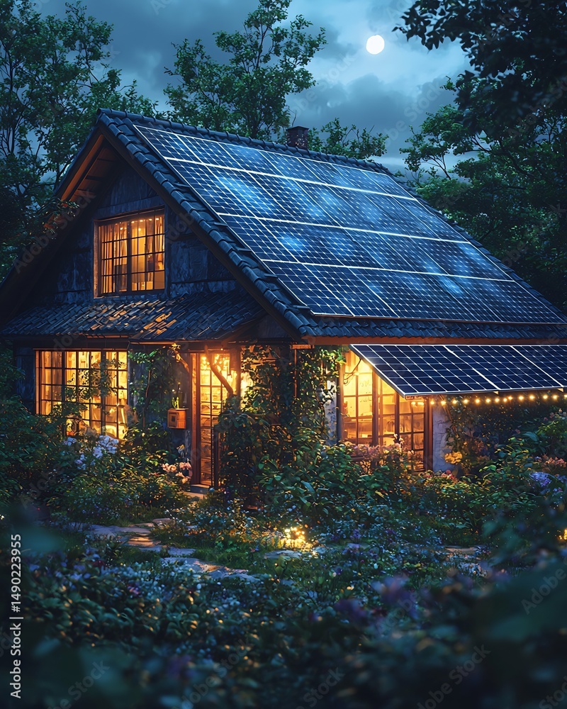 Sunlight powering solar panel and lighting a house energy transition ...