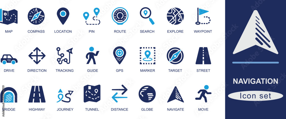 Navigation icon set in flat style. Includes map, compass, location, GPS ...