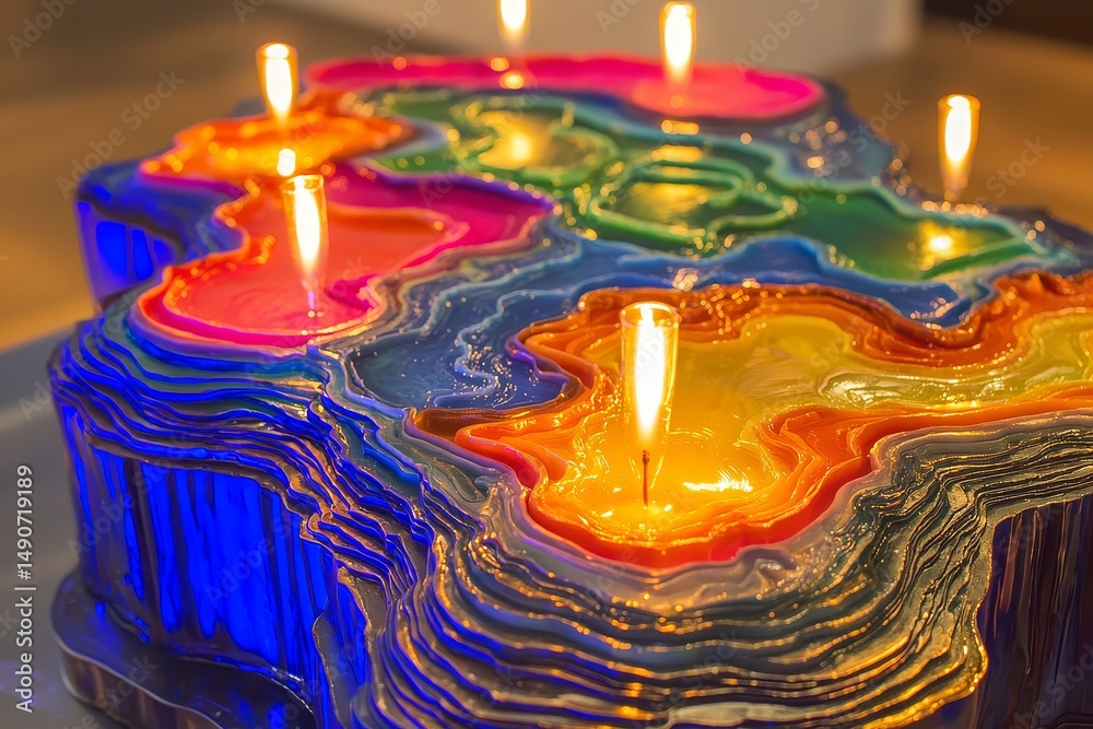 Layered wax terrain model with carved contours, metallic underlayers ...