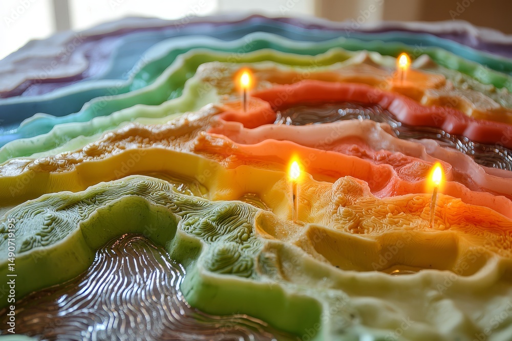 Layered wax terrain model with carved contours, metallic underlayers ...