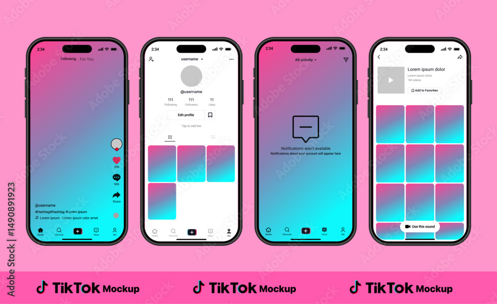 Vector de Stock TikTok mobile UI mockup, TikTok video feed template ...