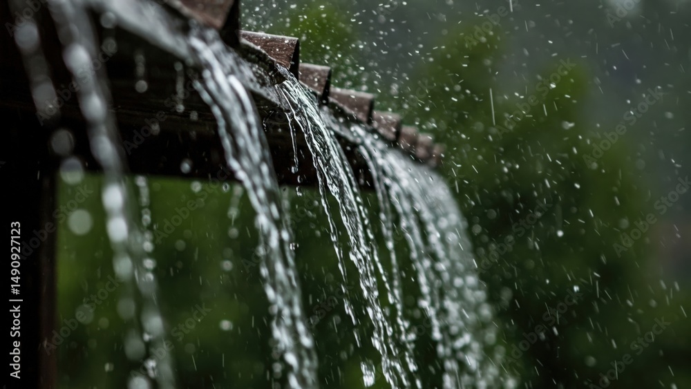 Rain pouring on rooftop with forest background and water flow rain ...