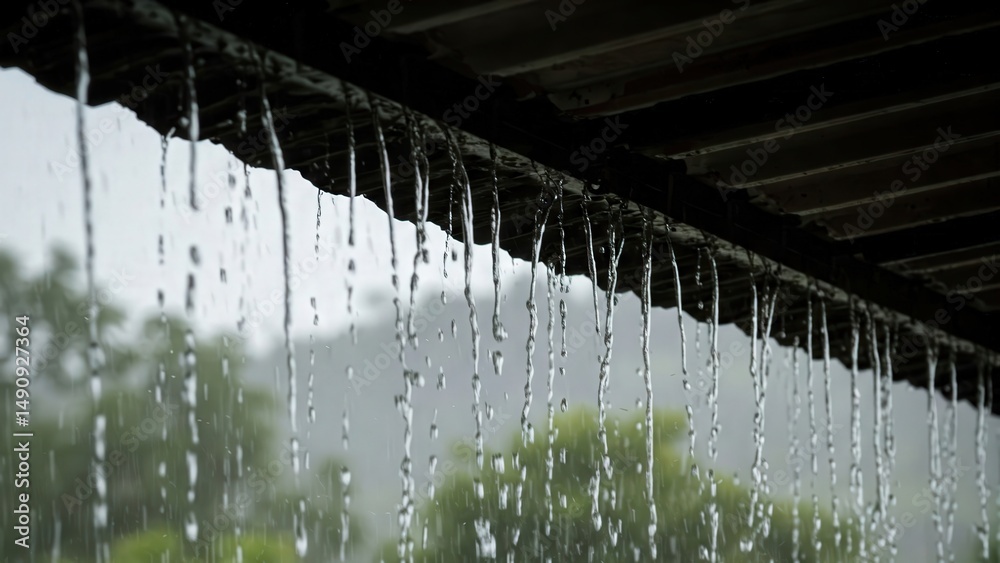 Rain pouring on rooftop with forest background and water flow rain ...