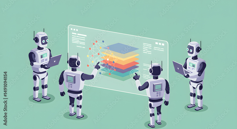 Four robots collaborate around a large interactive screen displaying ...