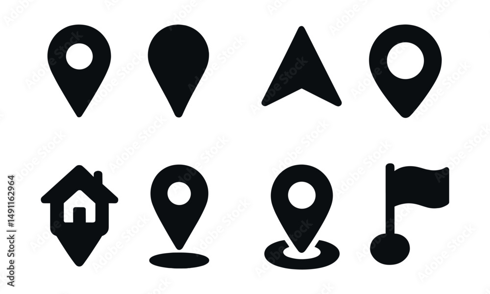 Solid style icons of location markers: classic pin icon, dropped pin ...