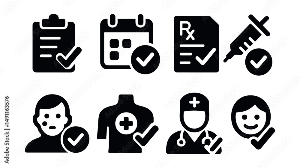 Solid style icons of medical and health confirmation: test result OK ...