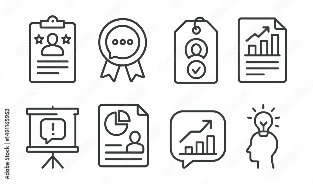 Line style icons of coaching feedback: review icon, feedback badge ...