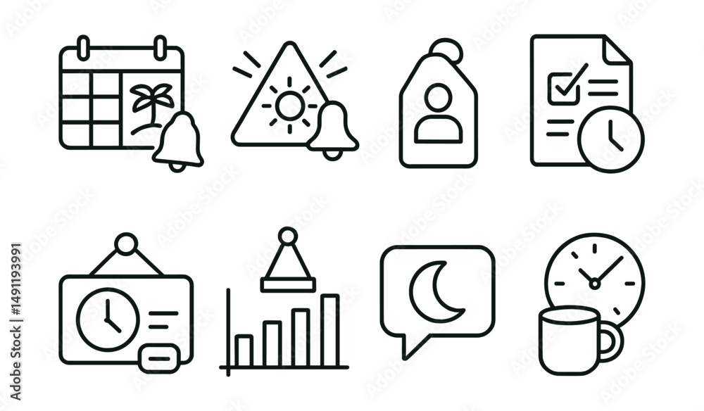 Line style icons of time-off reminders: holiday reminder icon, vacation ...
