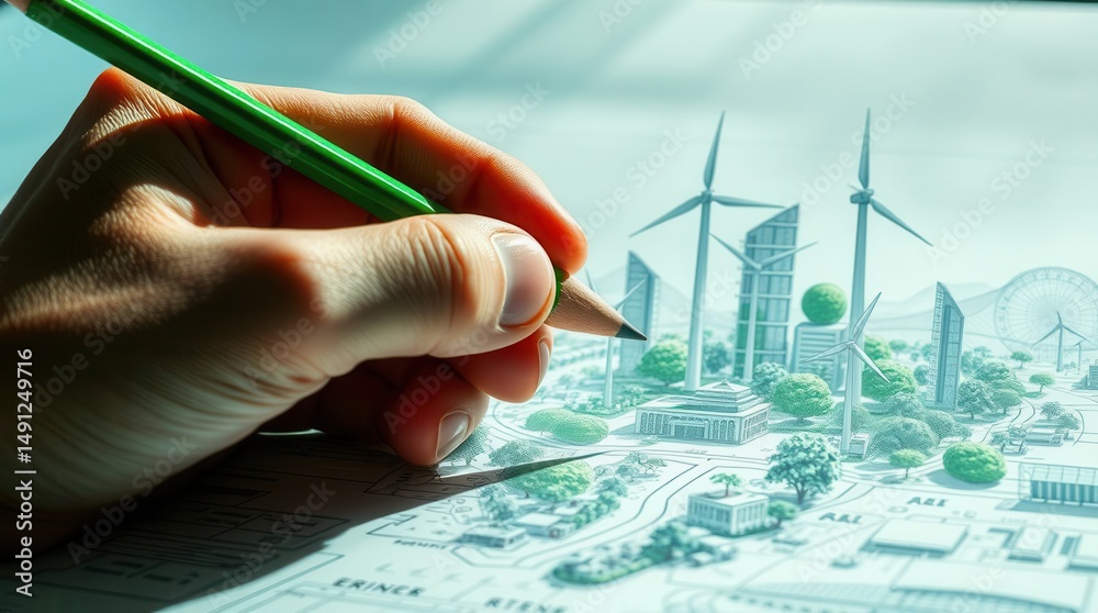Green City Planning: Hand drawing a sustainable urban landscape with ...