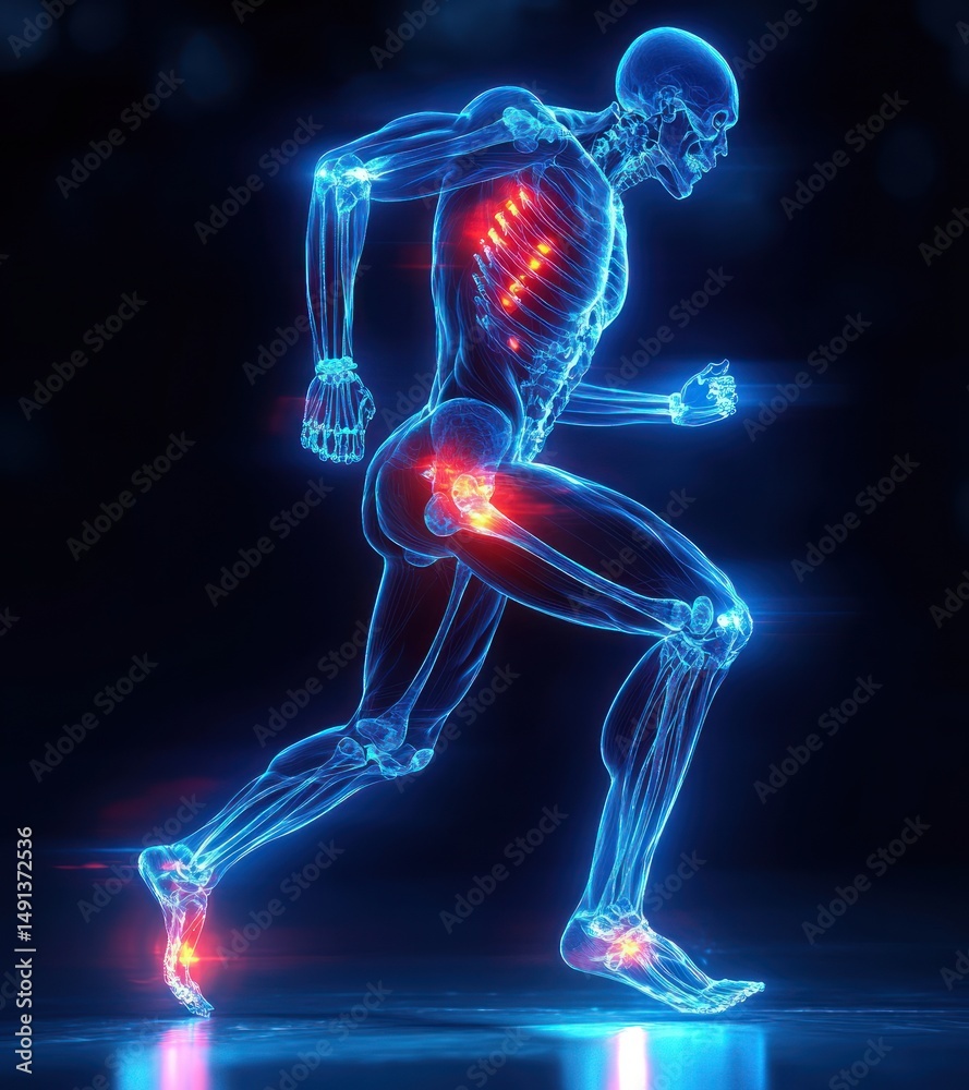 Glowing transparent human skeletal figure running with highlighted ...