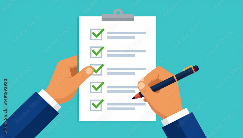 One hand holding checklist with green check marks and other hand ...