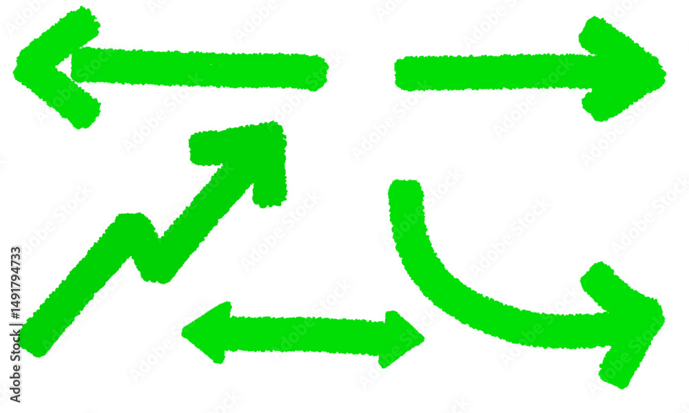Set of five green hand-drawn arrows on black background. Includes left ...