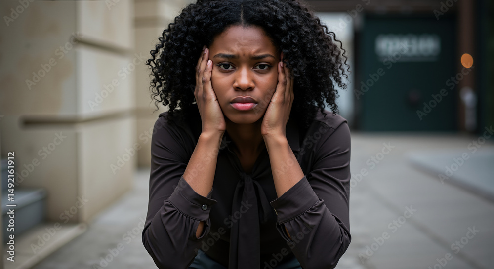 African American woman with stressed expression holding face in hands ...