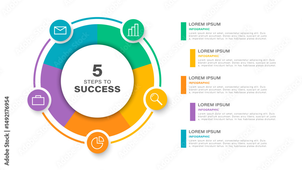 Pie chart infographic template. Five equal parts with icons and data ...