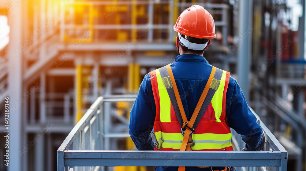 Worker on a Scissor Lift Platform working at site focus on full harness ...