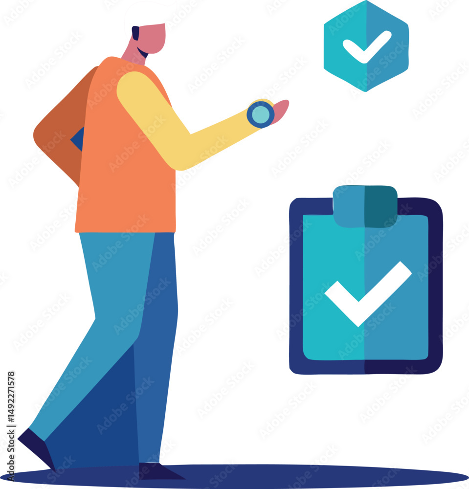 Vektor Checklist and Approval: A person standing near checklist and ...