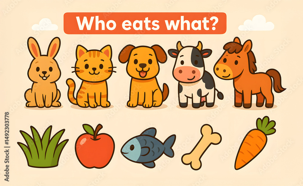 Ilustracja bez tantiem: cute animal food matching game for kids ...