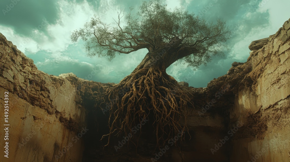 Show an uprooted tree with tangled roots, levitating above the ground ...