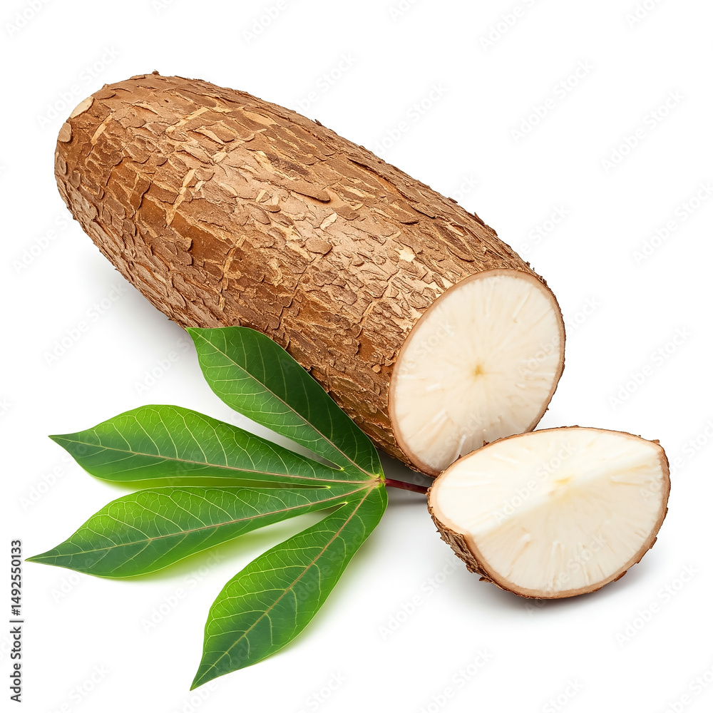 Yuca root with leaves, freshly cut and ready for cooking in a kitchen ...