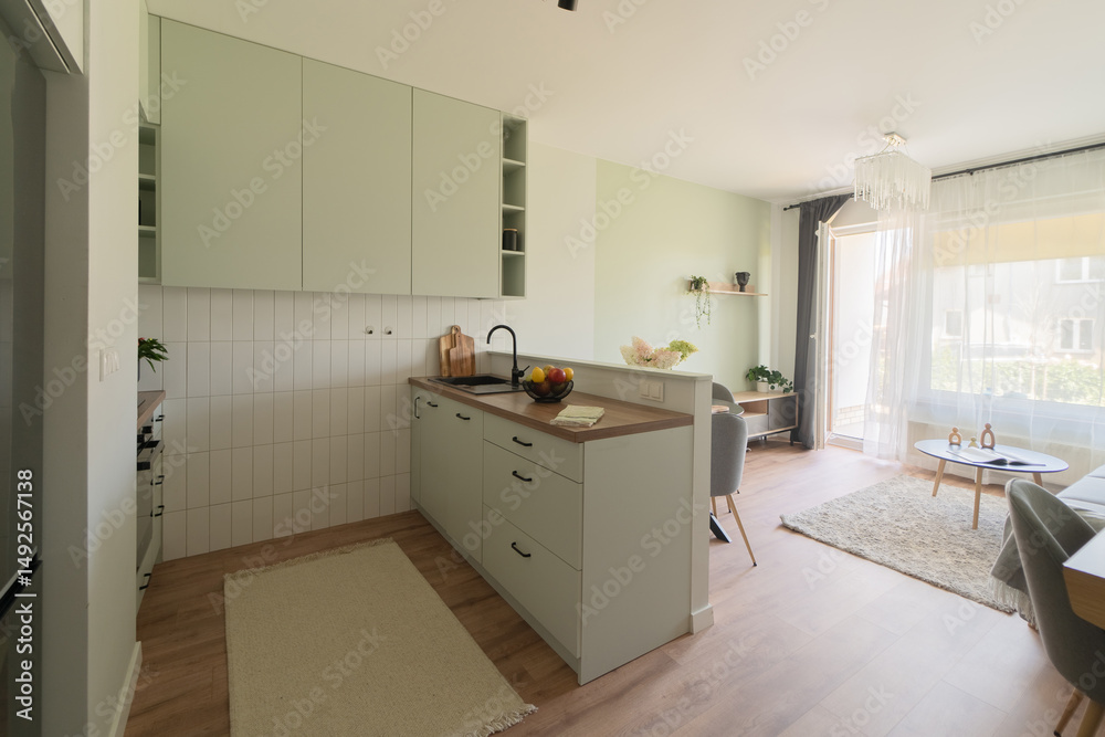 Kitchen layout, open plan interior design. Modern residential space ...