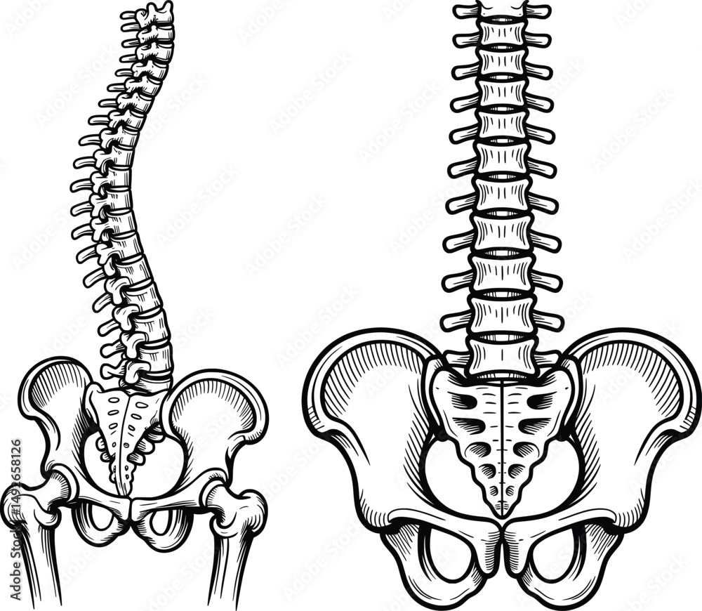 Human Spine and Pelvis Anatomy Illustration, Posterior and Lateral ...