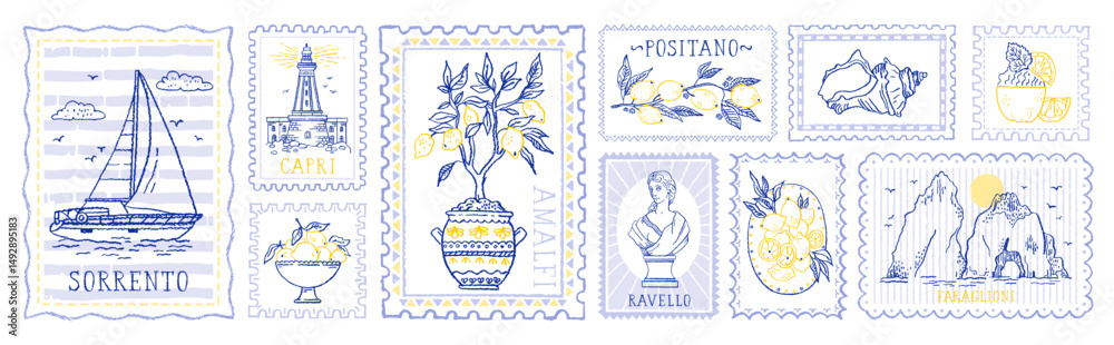 Italian summer with lemon. Stamp Italy poster. Vintage doodle summer ...