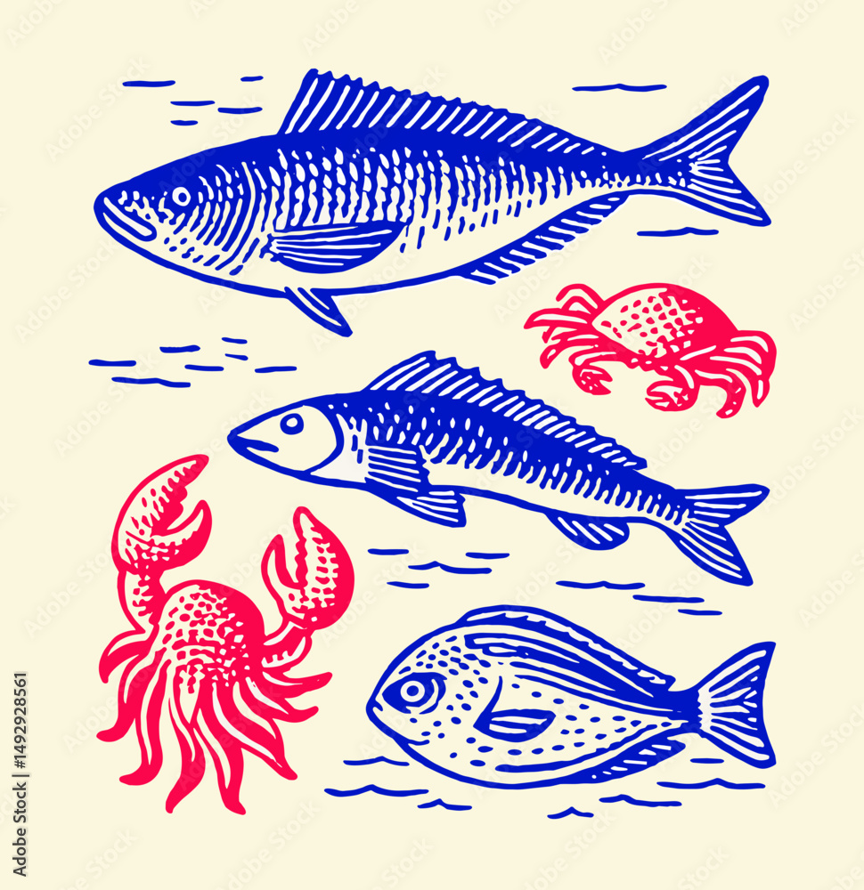 Sea Creature Illustration: A vibrant, vintage-style illustration ...